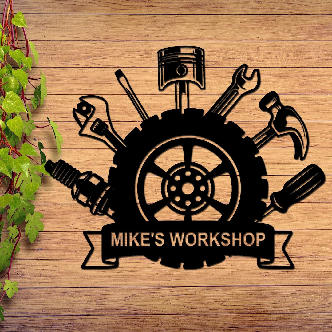 Custom Car Workshop Metal Wall Art, Personalized Workshop Name Sign ...