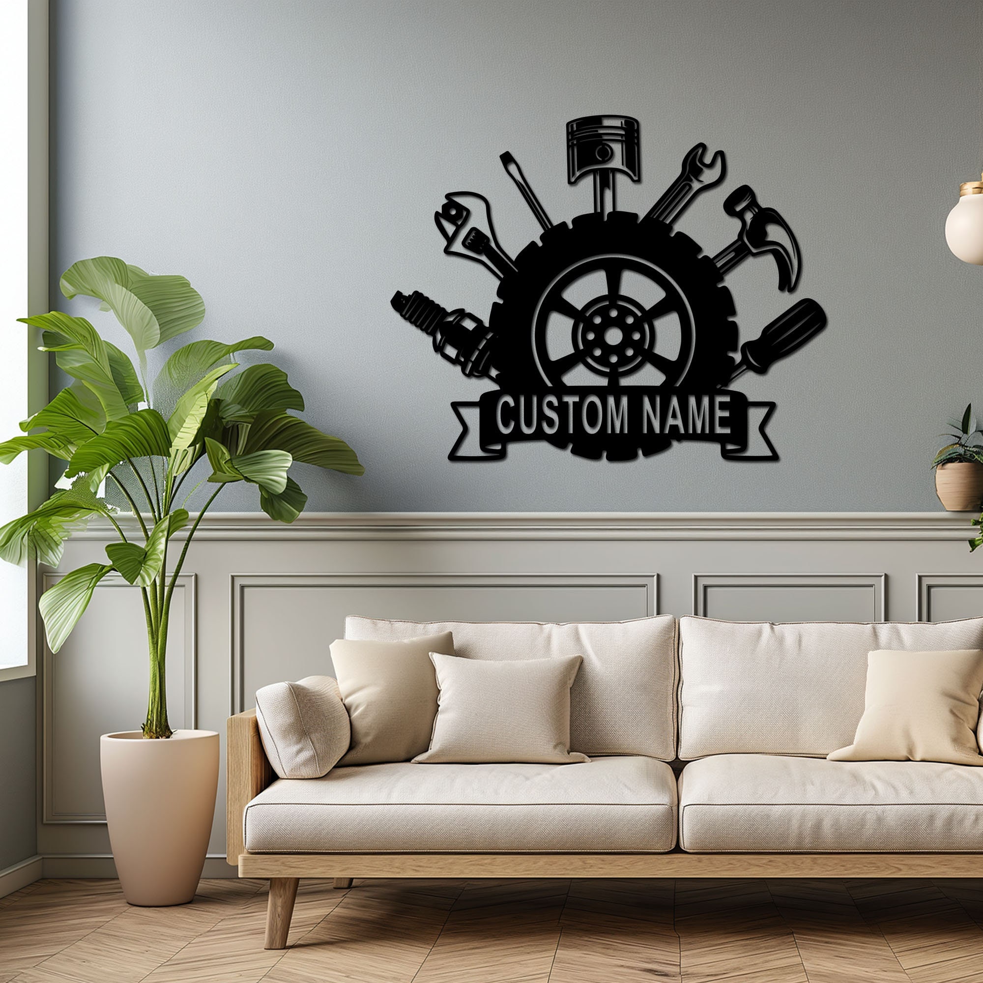 Custom Car Workshop Metal Wall Art, Personalized Workshop Name Sign ...