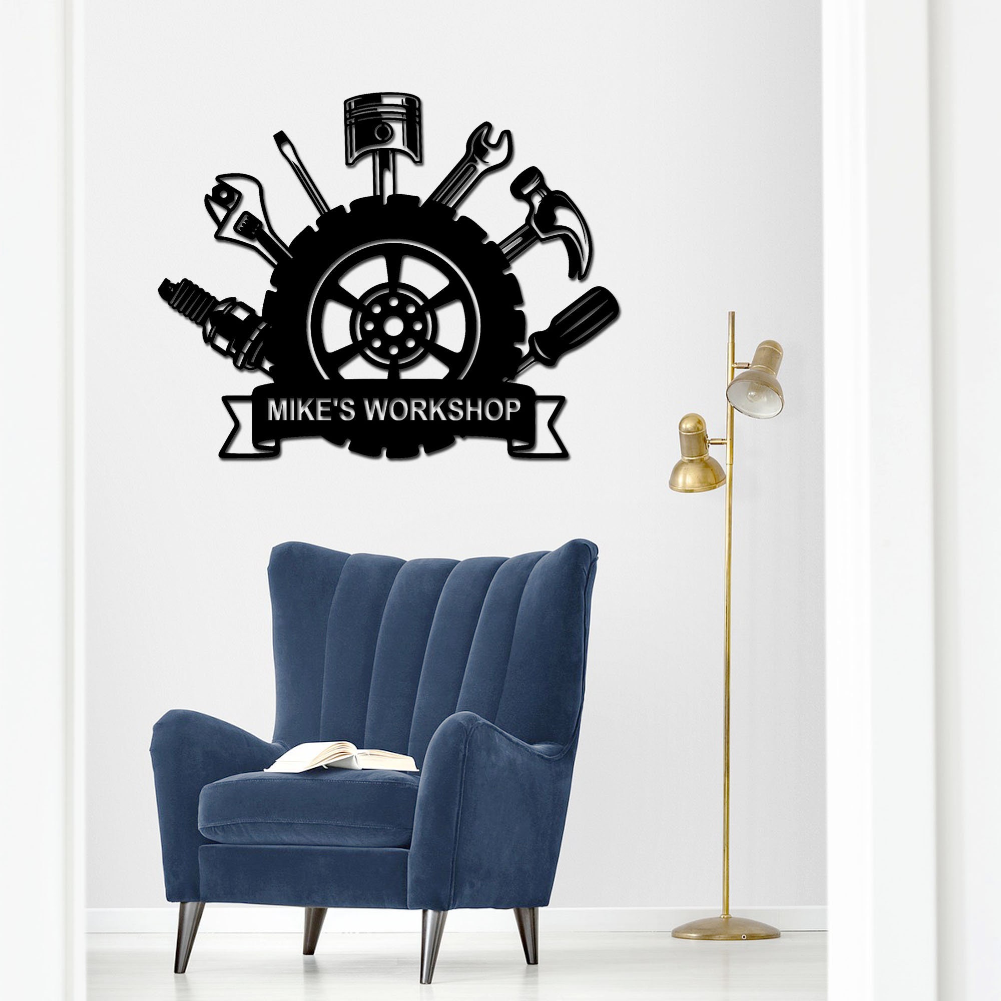 Custom Car Workshop Metal Wall Art, Personalized Workshop Name Sign ...