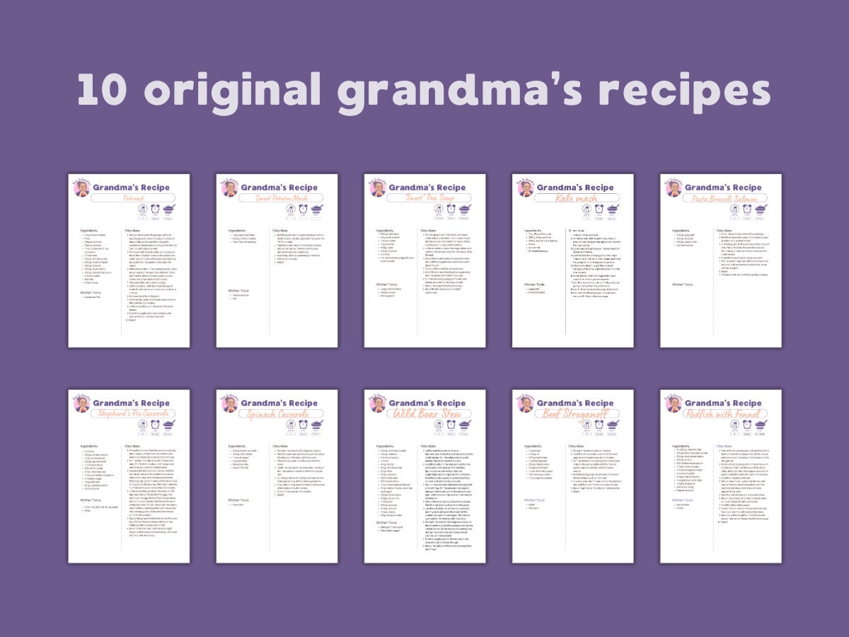 50 Pages Simple Grandma's Recipe Card Templates Dinner Recipes Editable ...