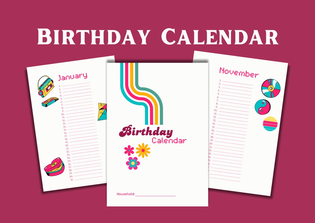 Neon Themed Birthday Calendar for Perpetual Use. Track Birthdays ...