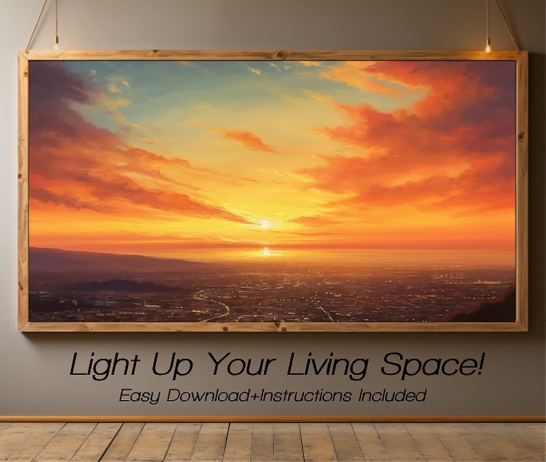 Beautiful Sunset Over City Skyline Frame Tv Art, Pretty Sunset Oil ...