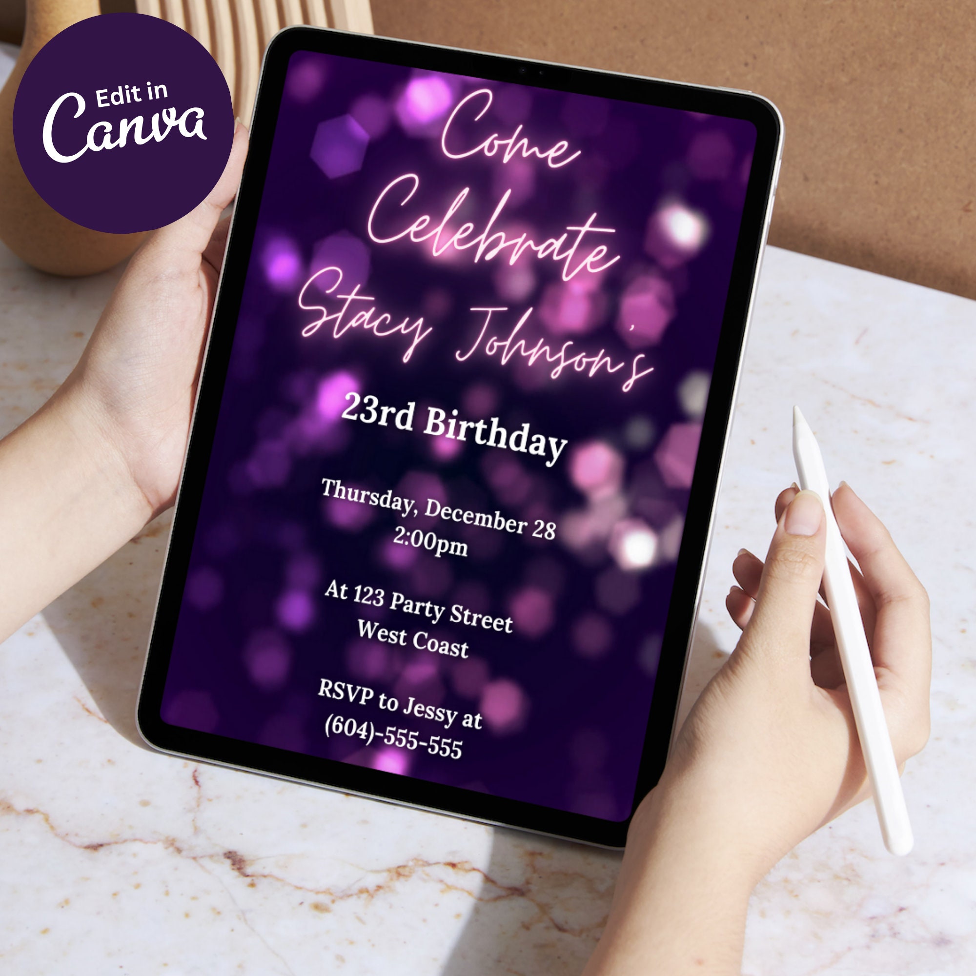 Purple Birthday Card Invite, Birthday Card Invite, Editable Invitation ...