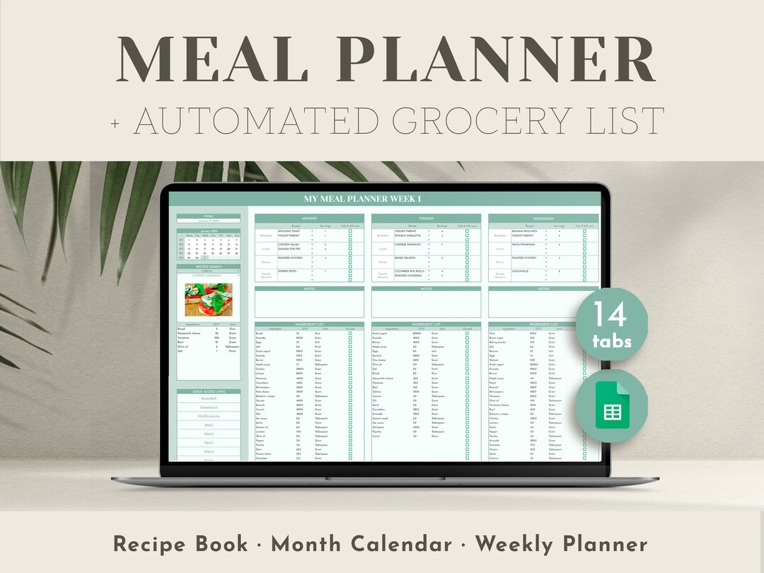 Weekly Meal Planner Spreadsheet Automatic Grocery Template List Family ...