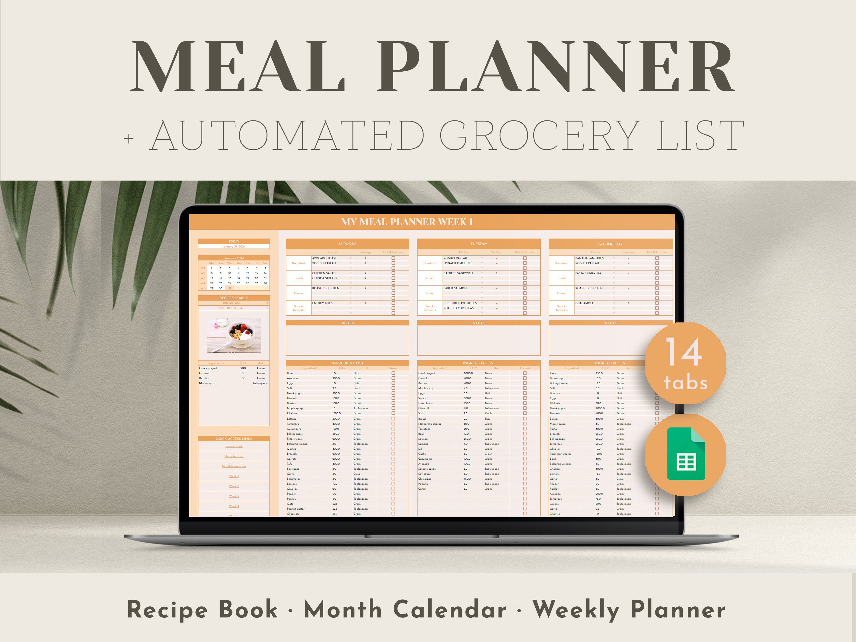Weekly Meal Planner Spreadsheet Automatic Grocery Template List Family ...