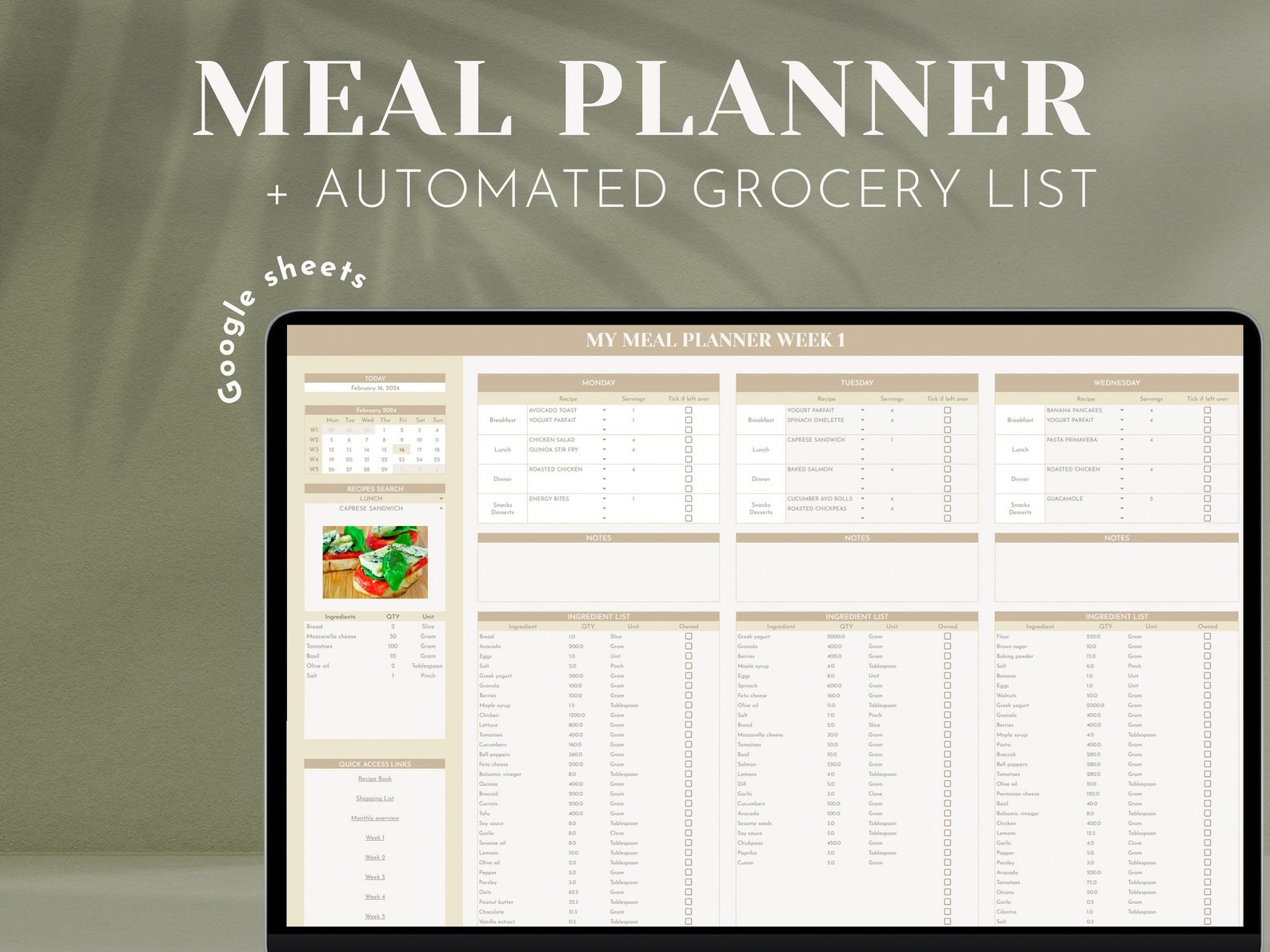 Weekly Meal Planner Google Sheets Grocery List Template Diet Menu Meal ...