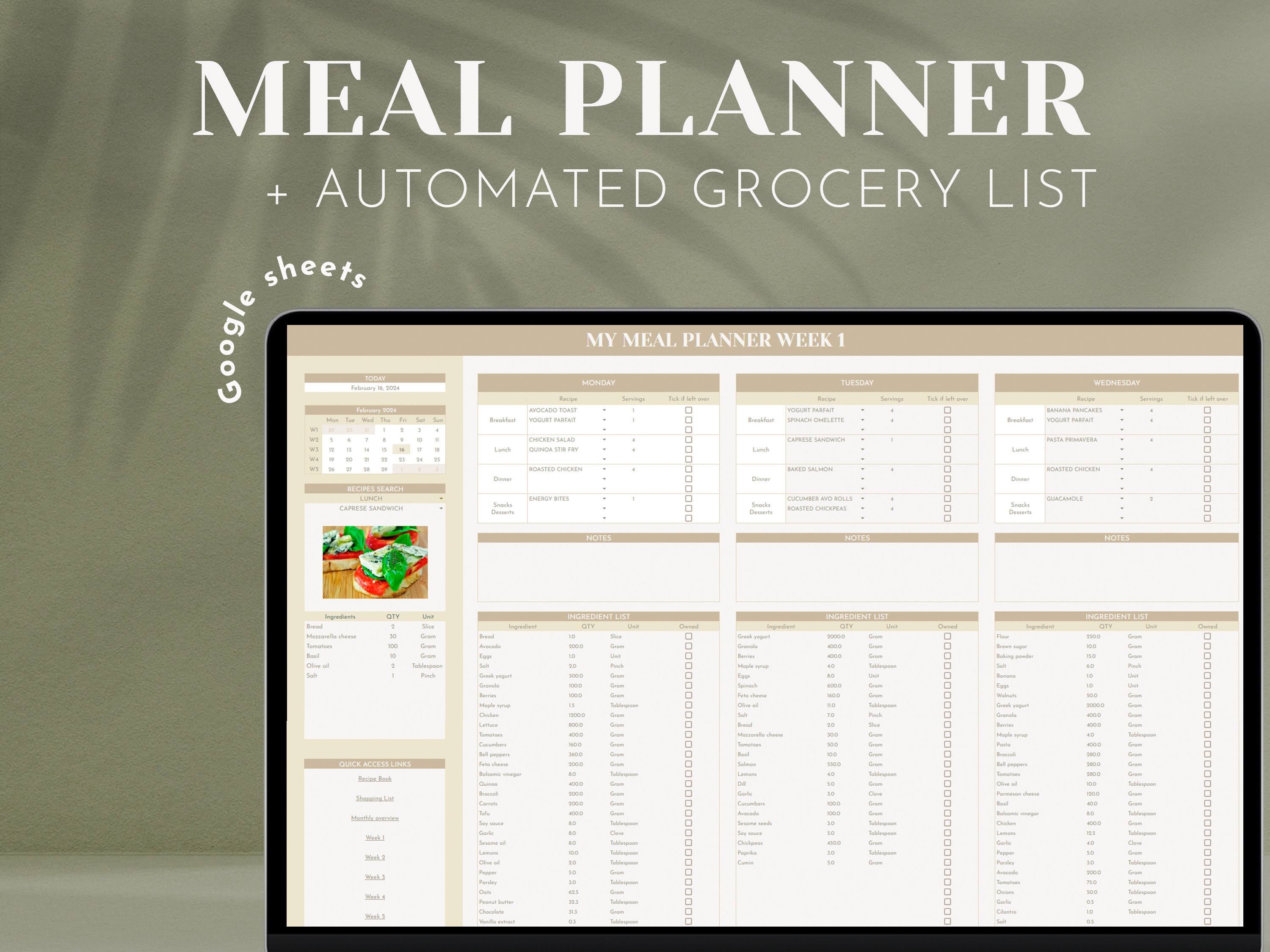Weekly Meal Planner Google Sheets Grocery List Template Diet Menu Meal ...