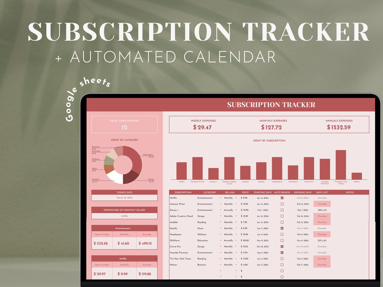 Monthly Subscription Tracker Google Sheets Membership Management ...