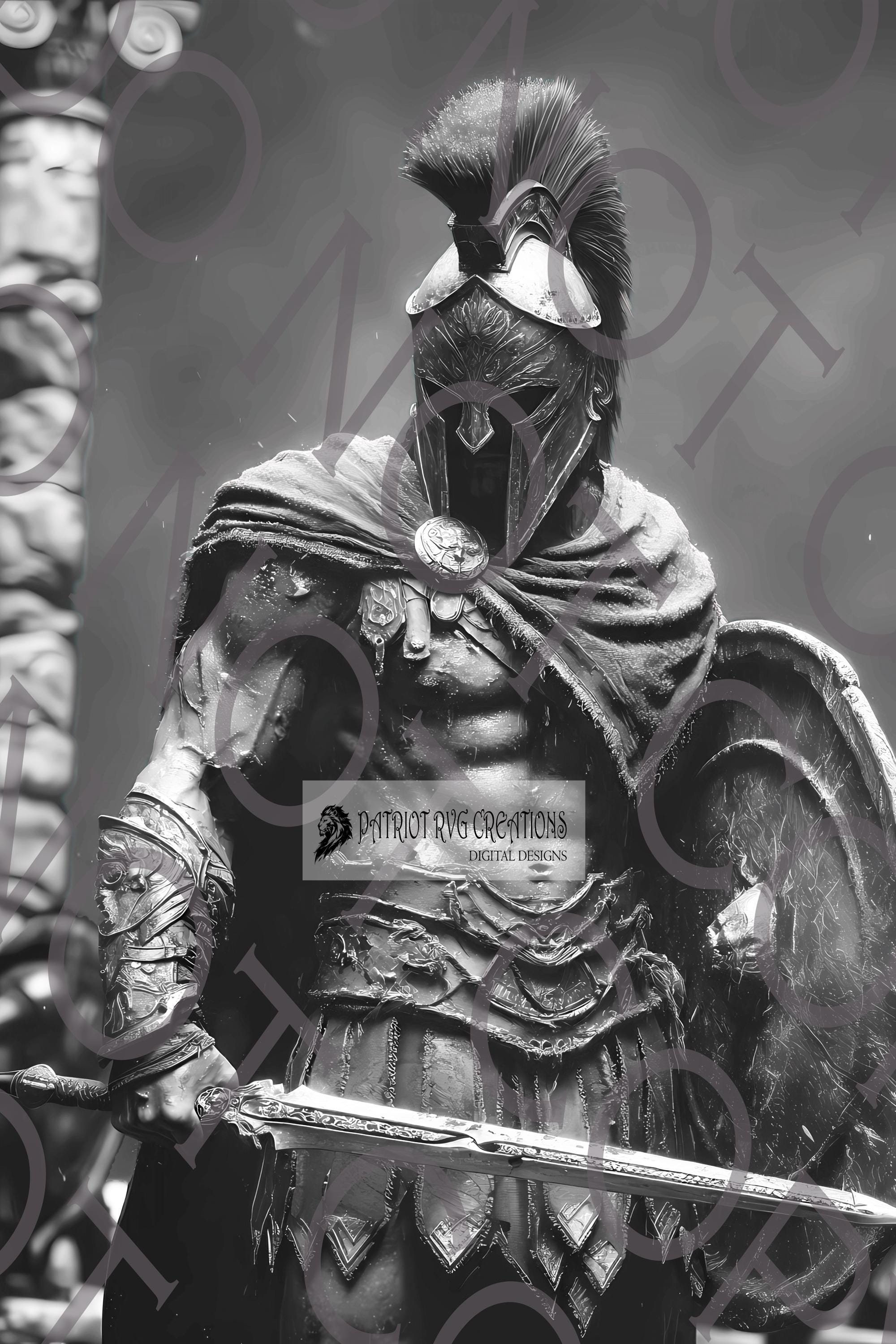 Roman Gladiator Warrior With Sword and Shield Strong Pose Grayscale ...