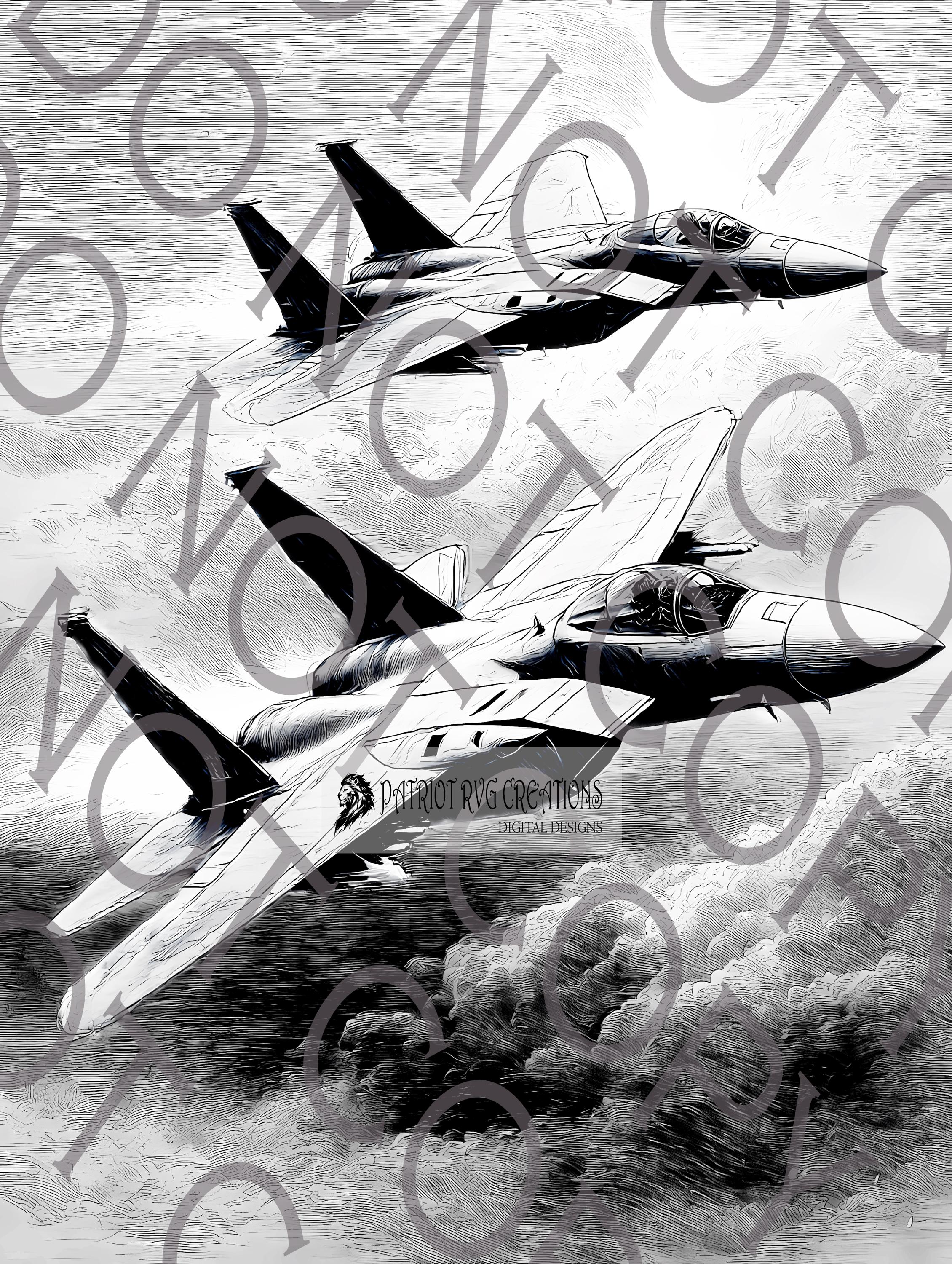 F-15 Eagle Fighter Jets Formation – Military Aviation Sketch, Laser ...