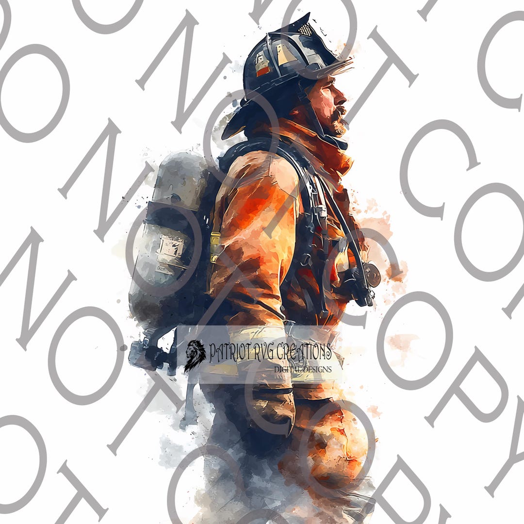 Firefighter Standing Strong With Gear | Brave Hero Tribute Watercolor ...