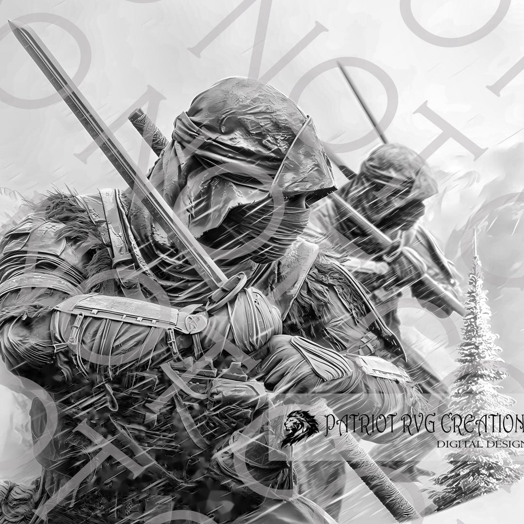 Armored Warriors in Combat Stance Ready for Battle in a Misty Landscape ...
