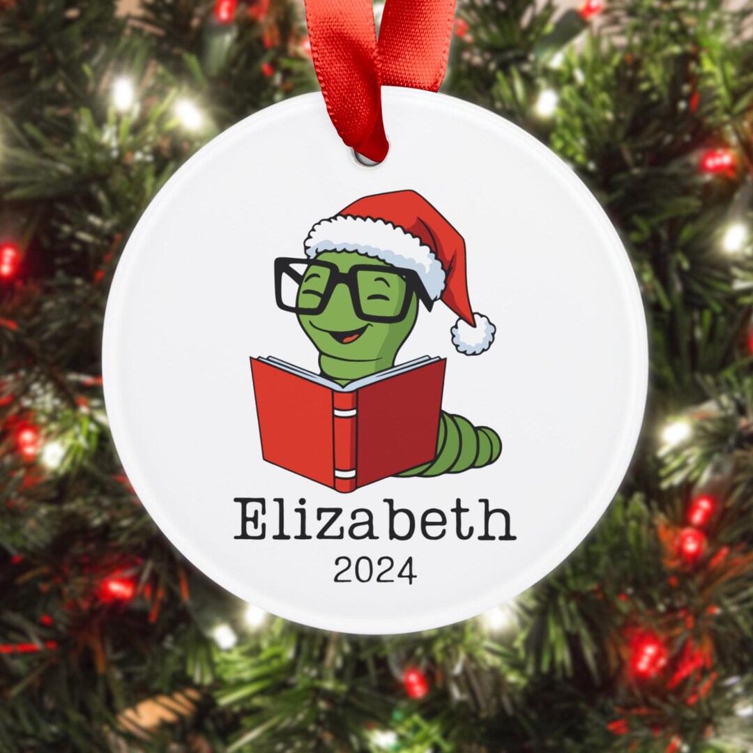 Personalized Bookworm Christmas Ornament, Cute Santa Reading Worm ...