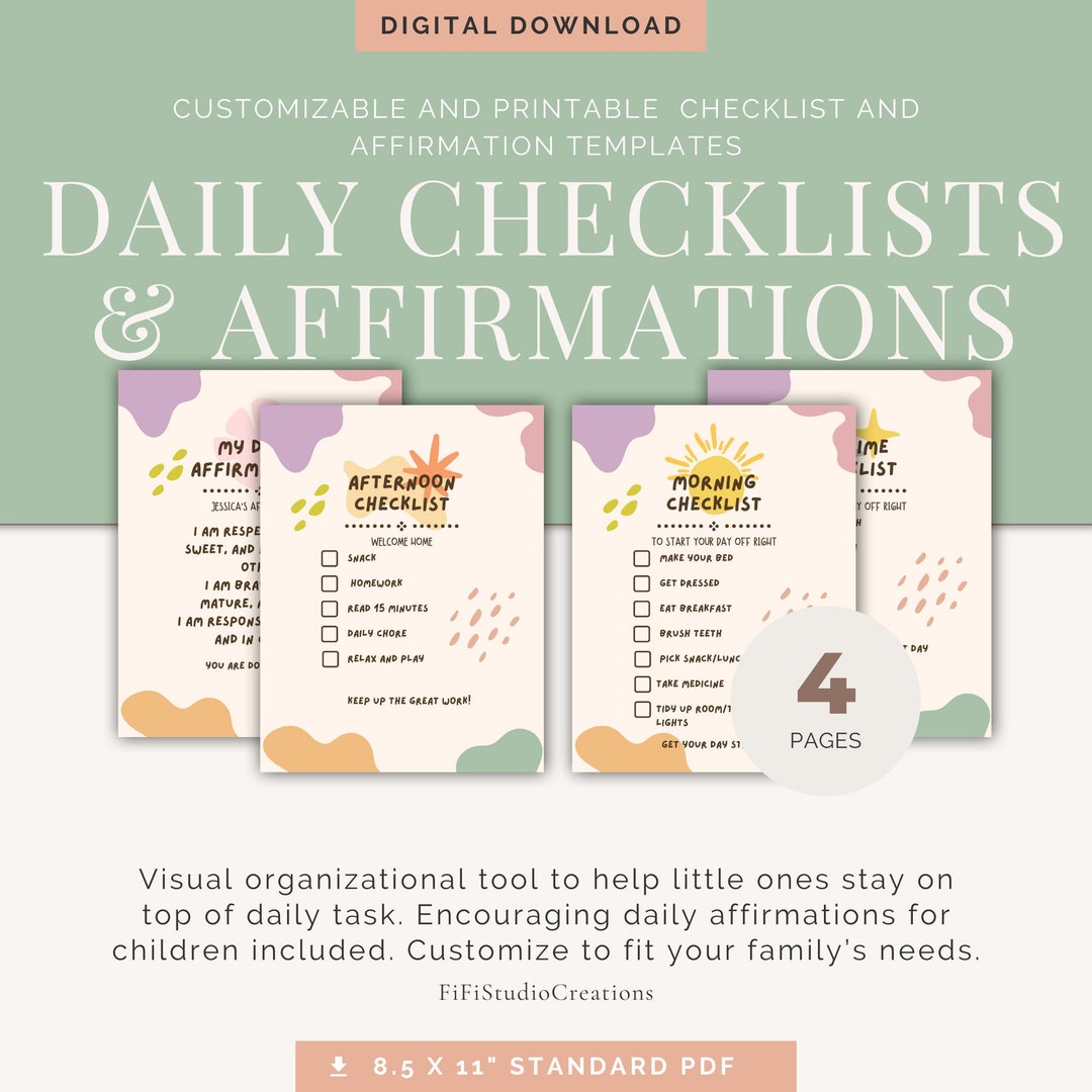 Customizable Kids Routine Checklists and Affirmation Template | Set ...