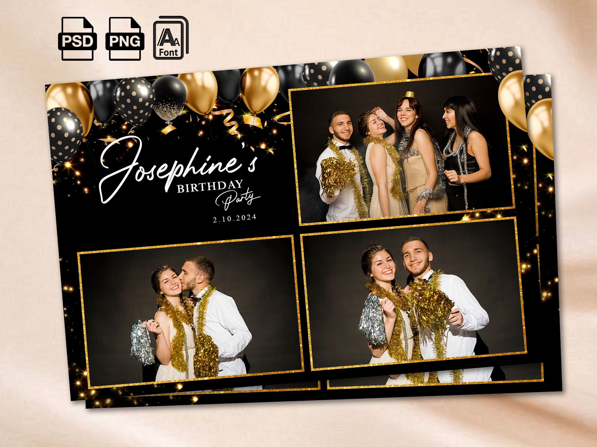 Birthday Photobooth Template Black With Gold and Silver Balloons 4x6 ...