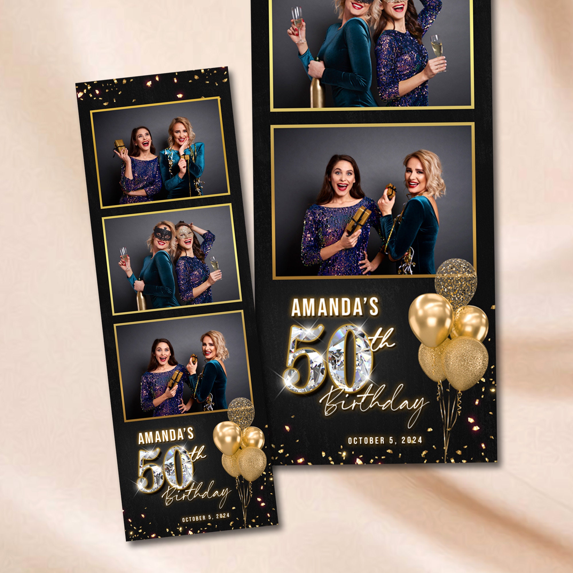 Birthday Photobooth Template, Black With Gold and Silver Balloons, 2x6 ...
