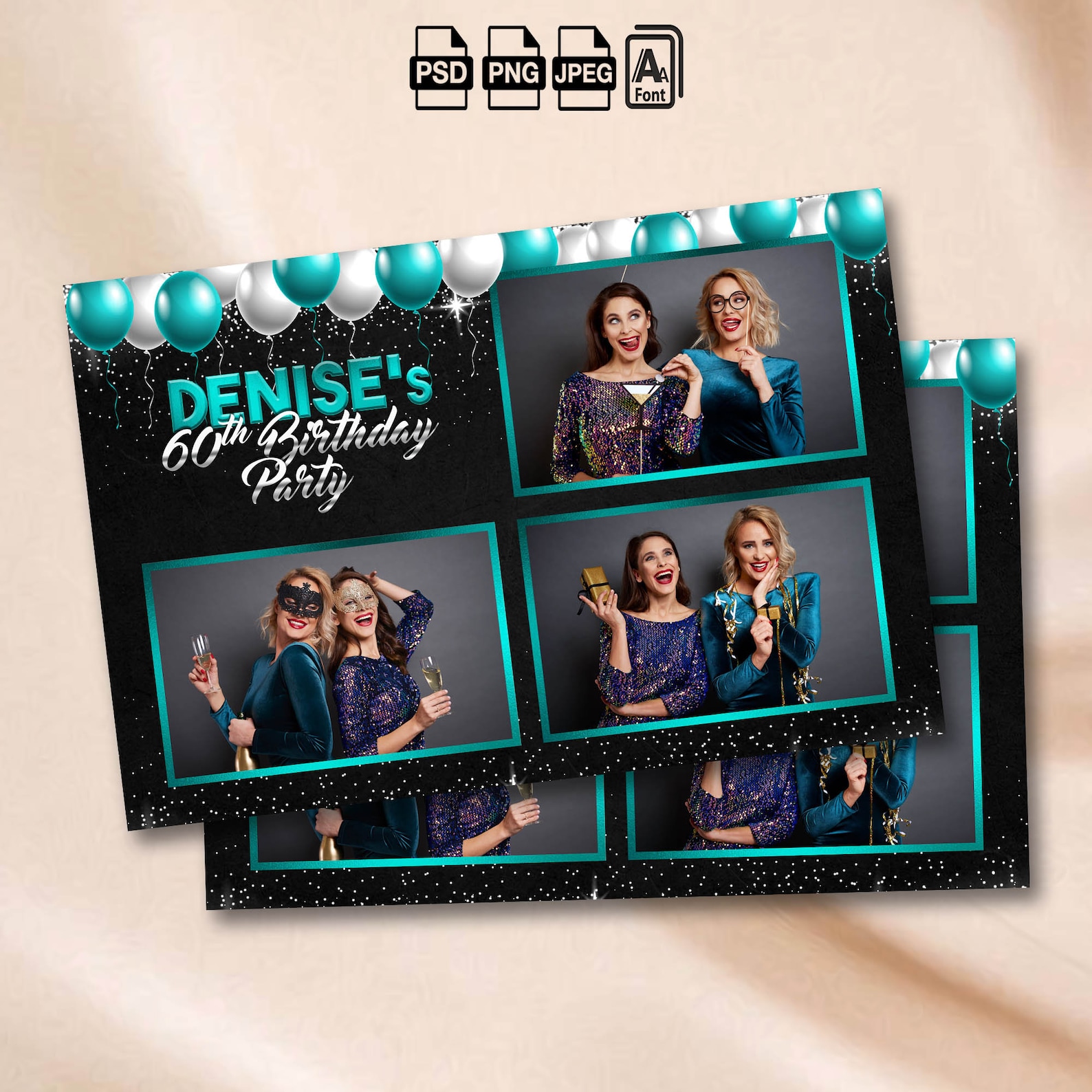 Birthday Photobooth Template Black With Teal and Silver Balloons 4x6 ...