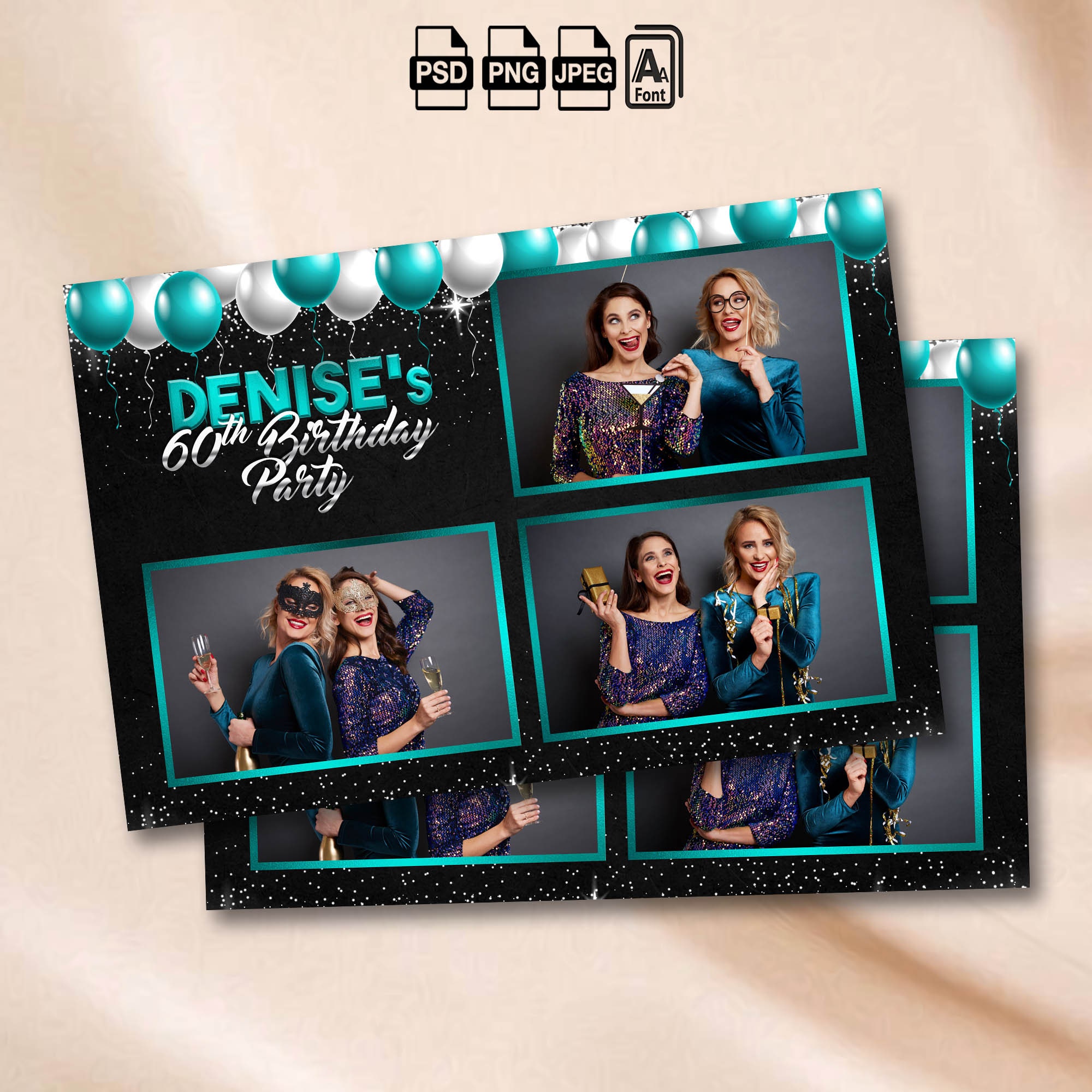 Birthday Photobooth Template Black With Teal and Silver Balloons 4x6 ...
