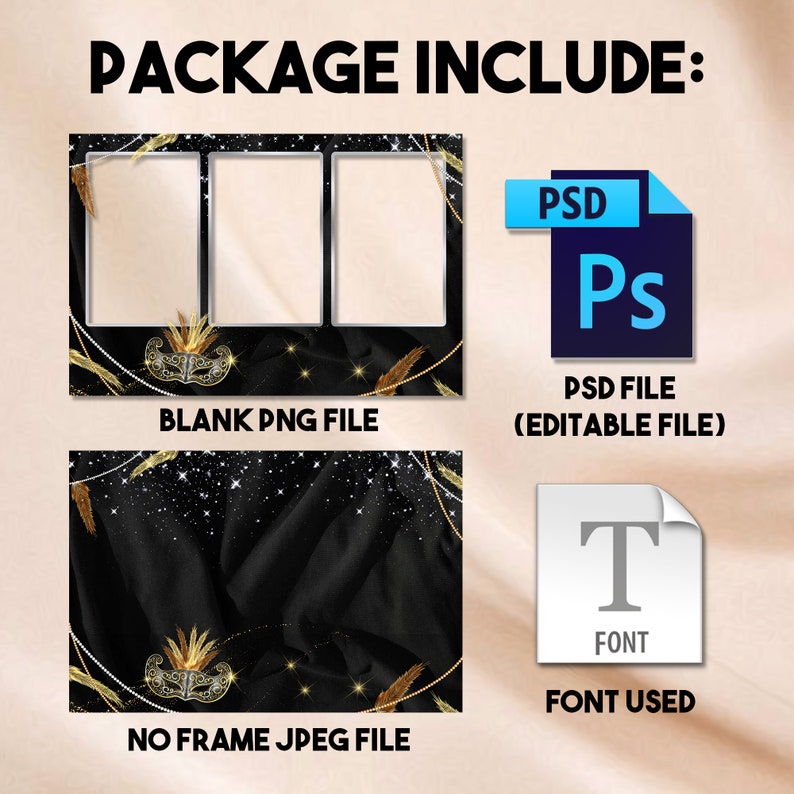 Masquerade Photobooth Template Carnival Photo Booth Template Black Gold ...