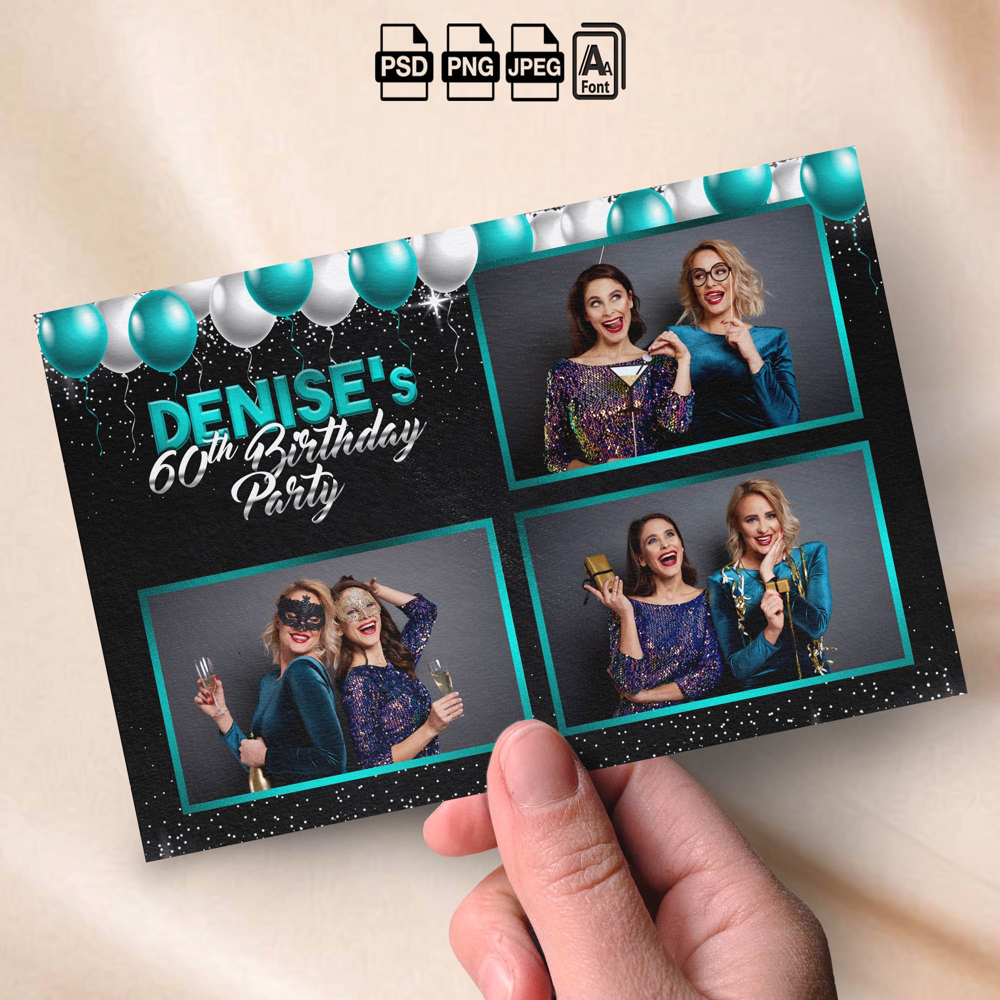 Birthday Photobooth Template Black With Teal and Silver Balloons 4x6 ...