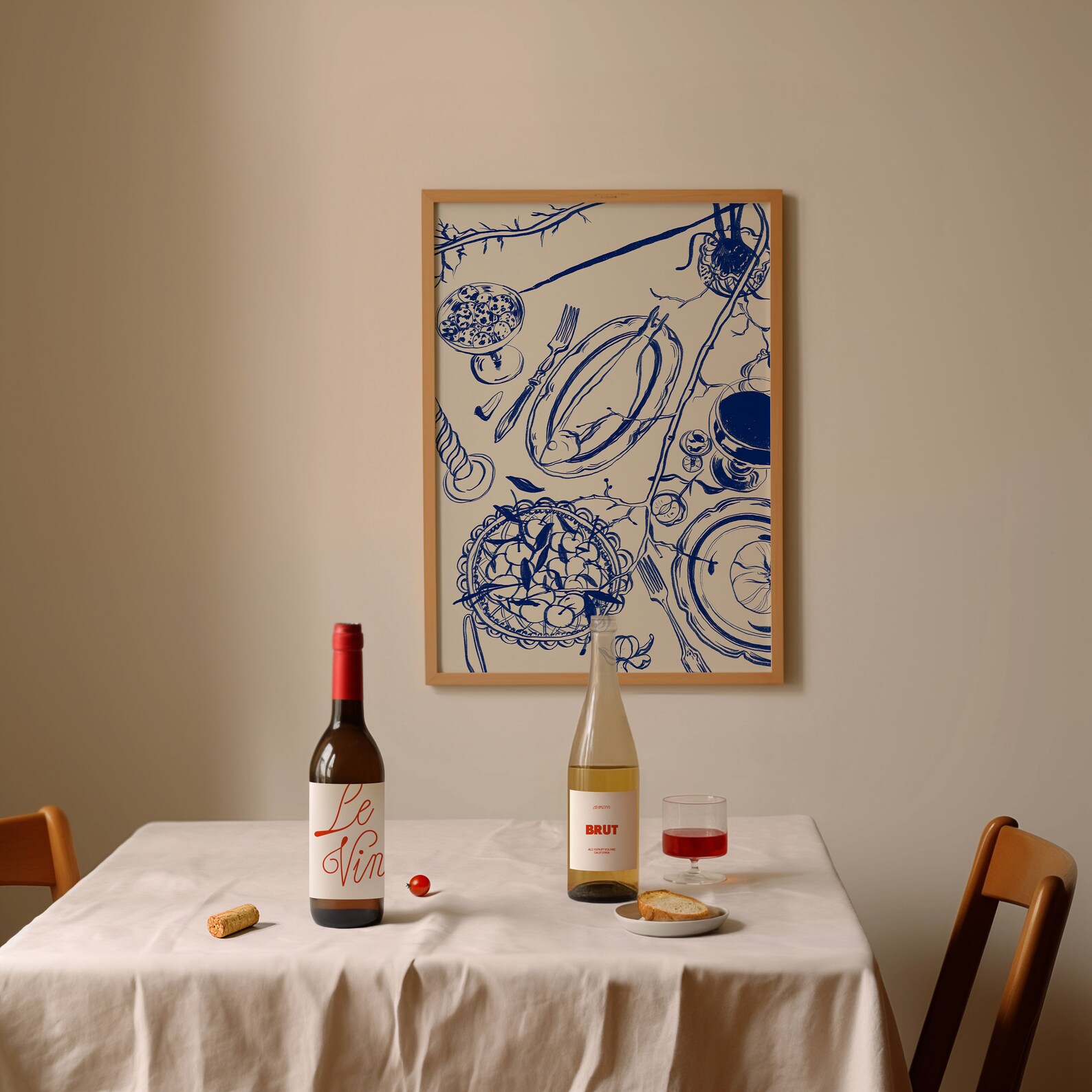 Large Size Blue Dinner Poster, Hand Drawn Dining Illustration, Digital ...