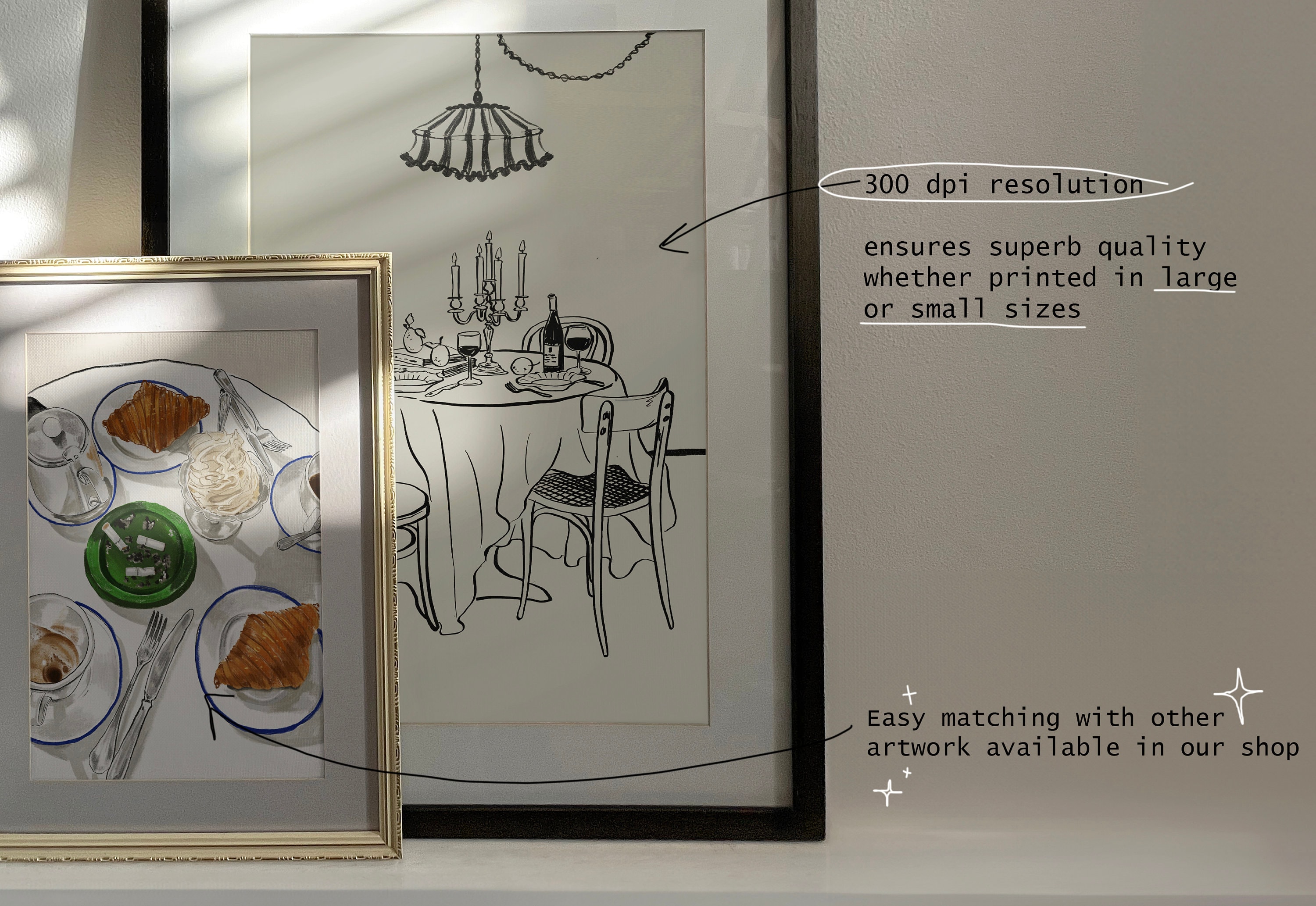 Large Size Hand Drawn Dinner Table Illustration, Digital Wall Art ...