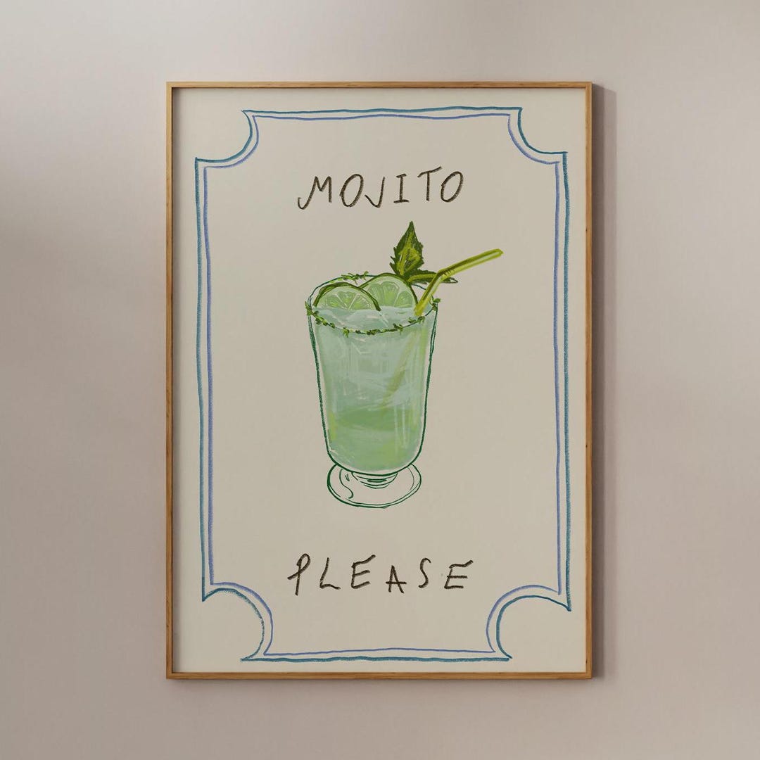 Mojito Poster, Hand Drawn Cocktail, Bar Cart Wall Art, Vintage Cocktail ...