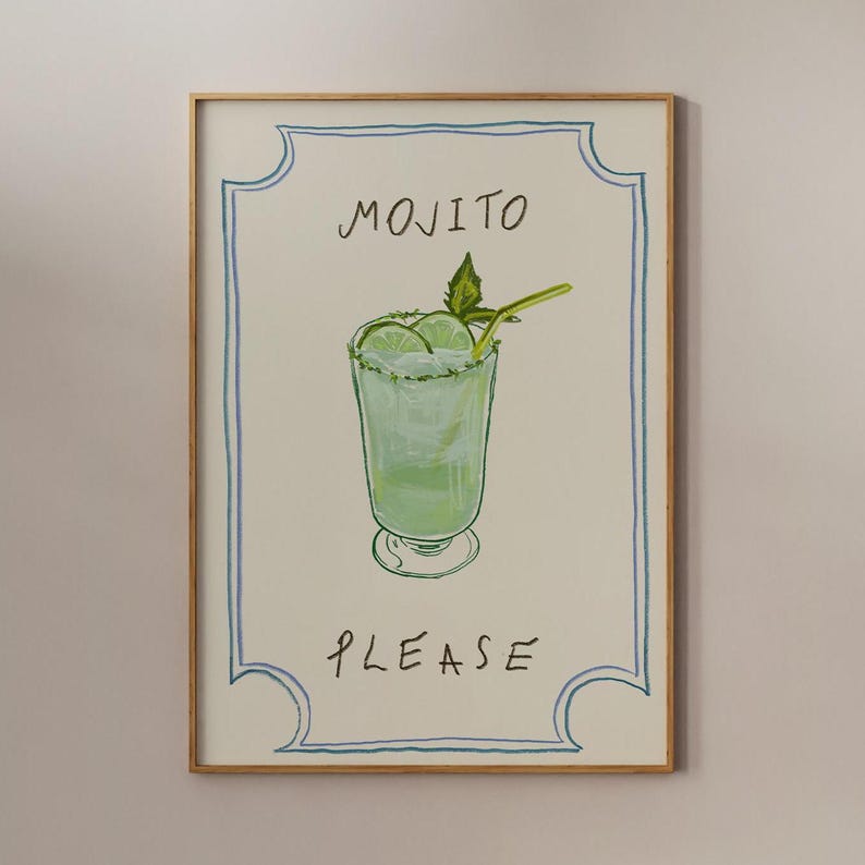 Mojito Poster, Hand Drawn Cocktail, Bar Cart Wall Art, Vintage Cocktail ...