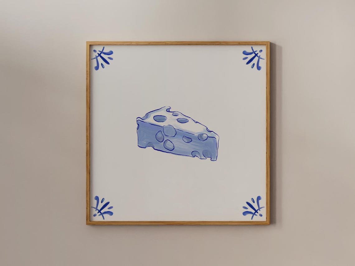 Hand Drawn Cheese on Delft Tile Print: Vintage Kitchen Art (digital ...