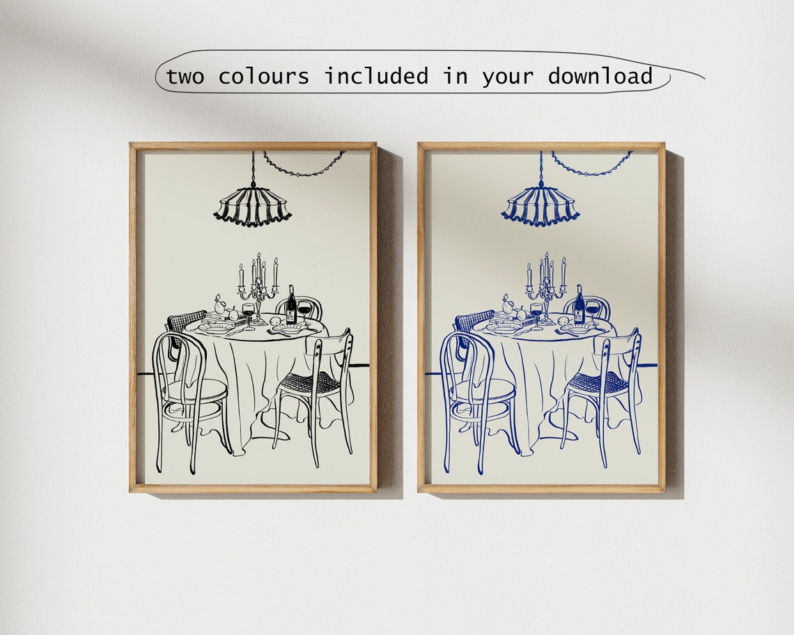 Large Size Hand Drawn Dinner Table Illustration, Digital Wall Art ...