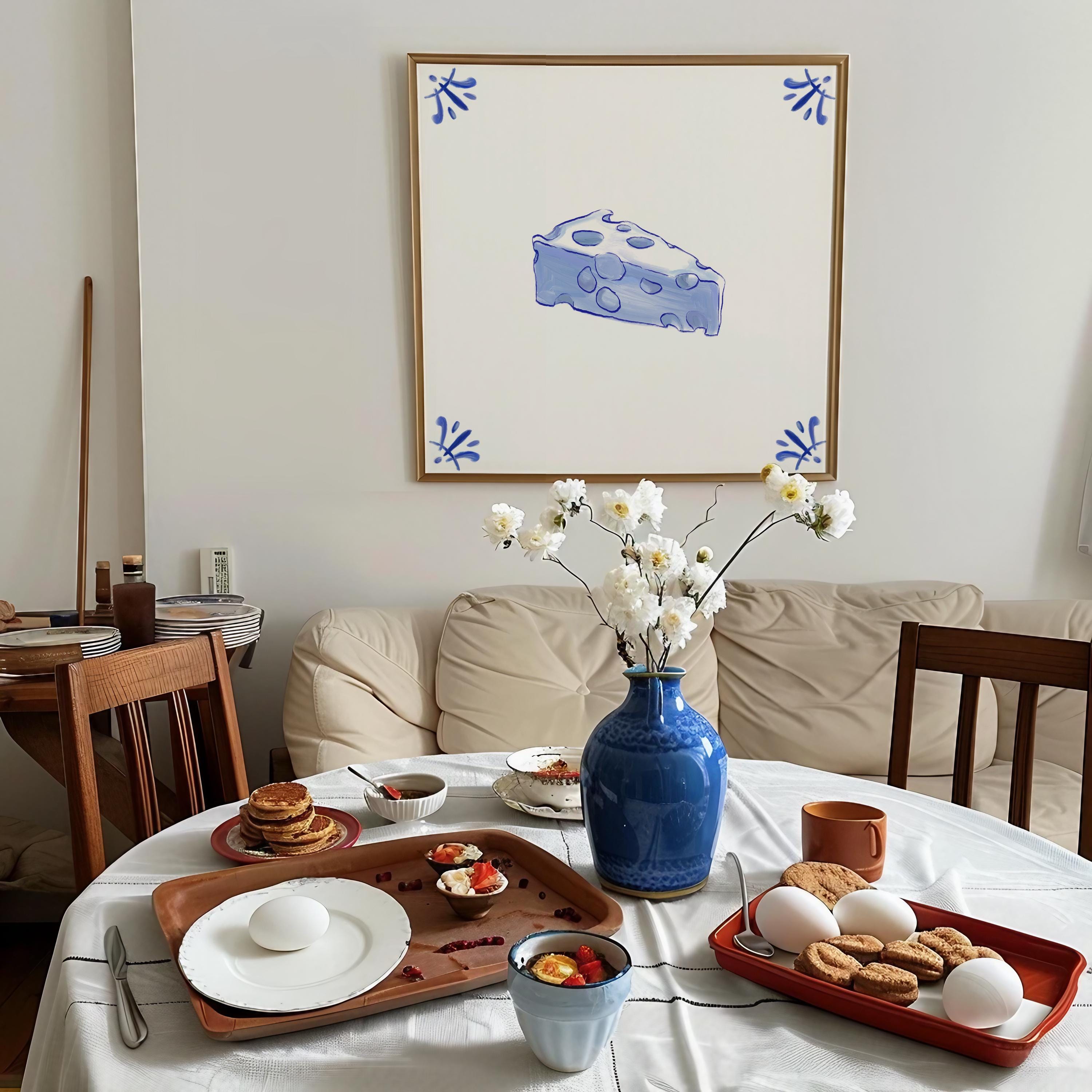 Hand Drawn Cheese on Delft Tile Print: Vintage Kitchen Art (digital ...