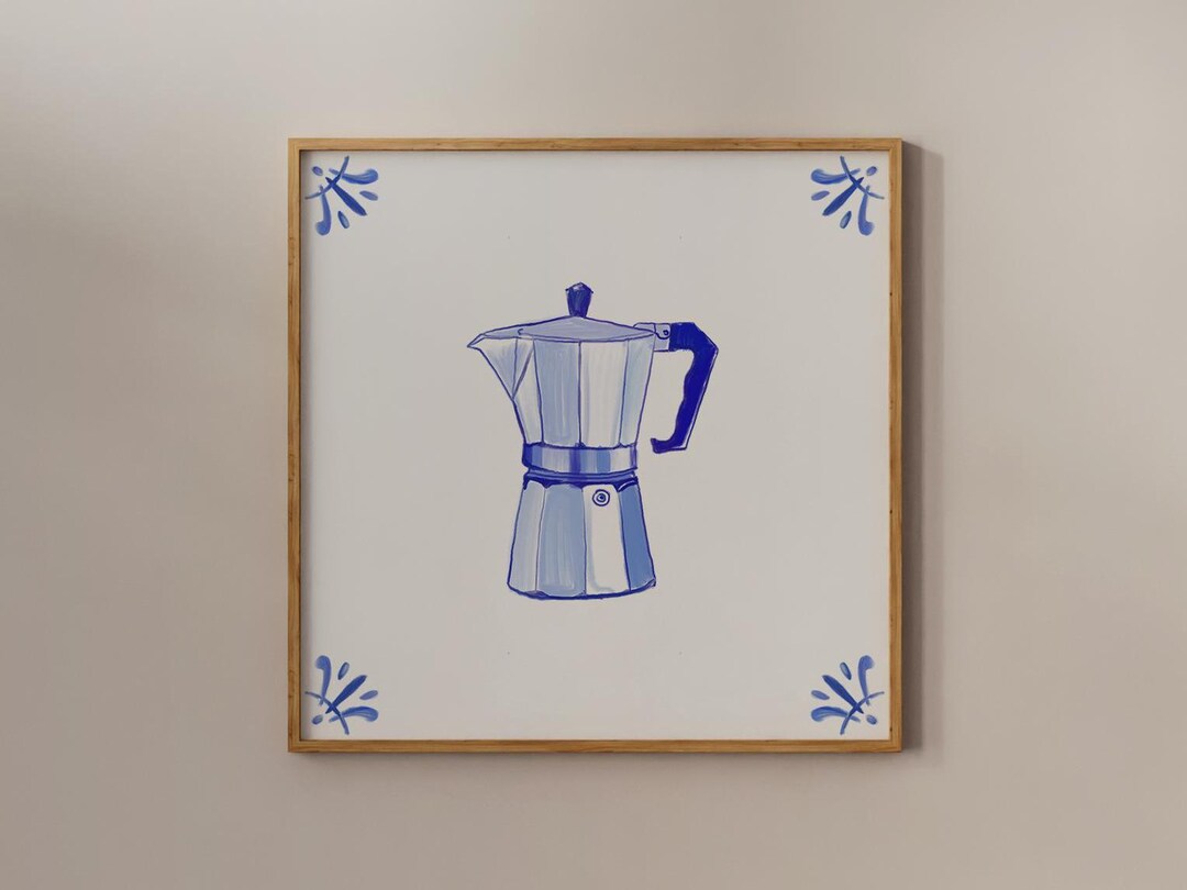 Hand Drawn Coffee Maker Print: Delft Tile Kitchen Art (digital Download ...
