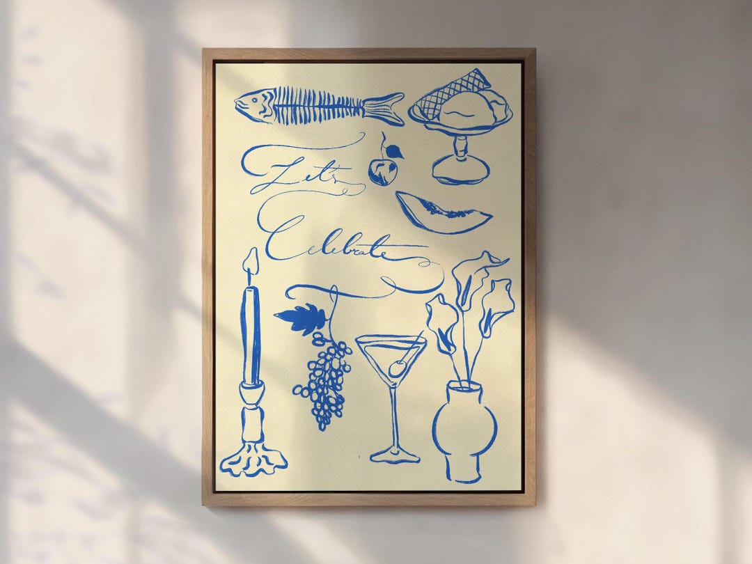 Hand Drawn Brunch Print, Kitchen Digital Wall Art, Kitchen Blue Art ...