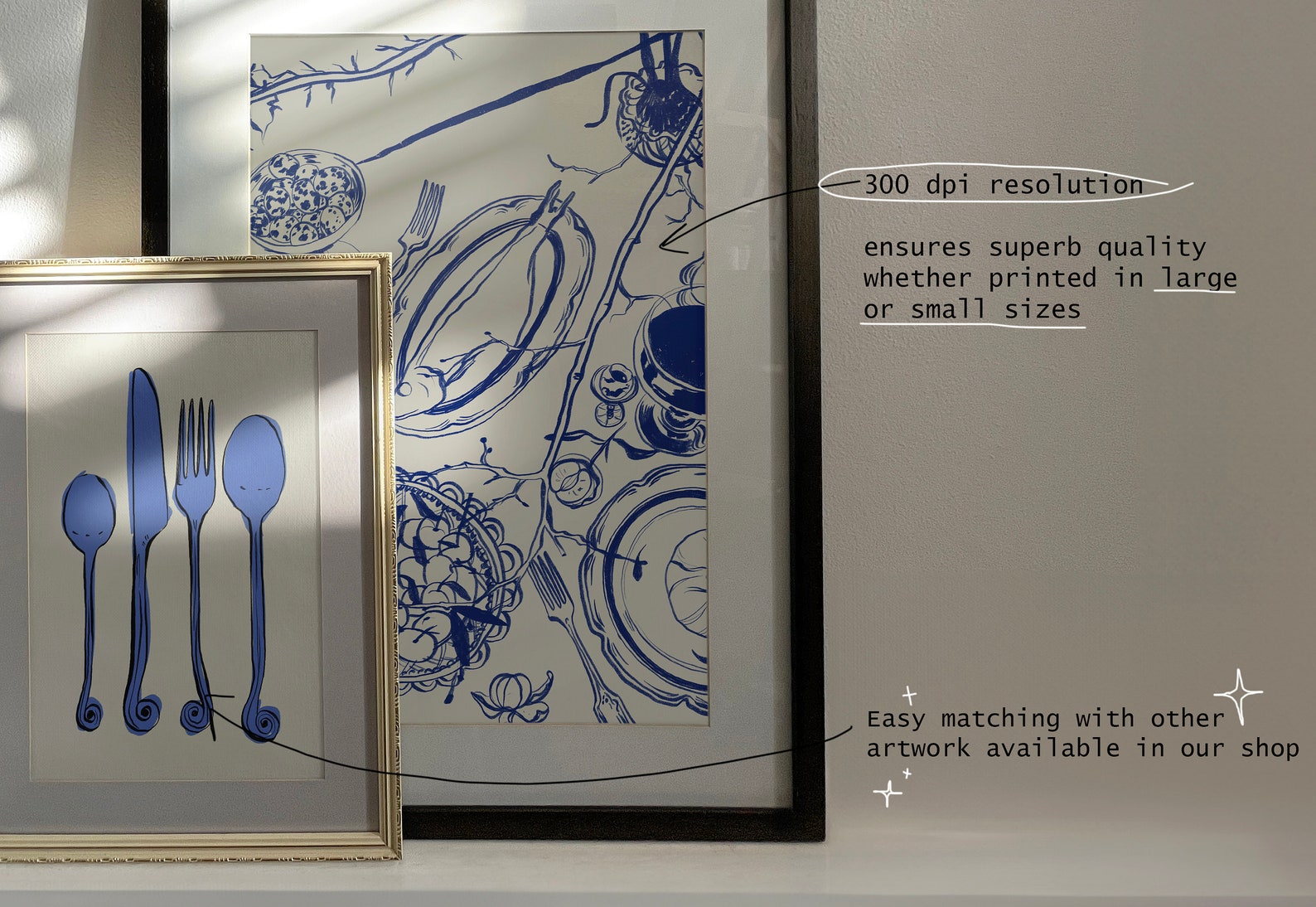 Large Size Blue Dinner Poster, Hand Drawn Dining Illustration, Digital ...