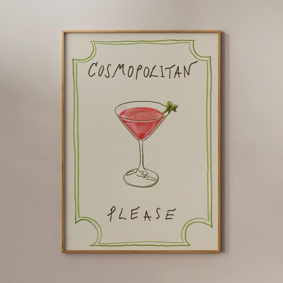 Cosmopolitan Poster, Hand Drawn Cocktail, Bar Cart Wall Art, Vintage ...