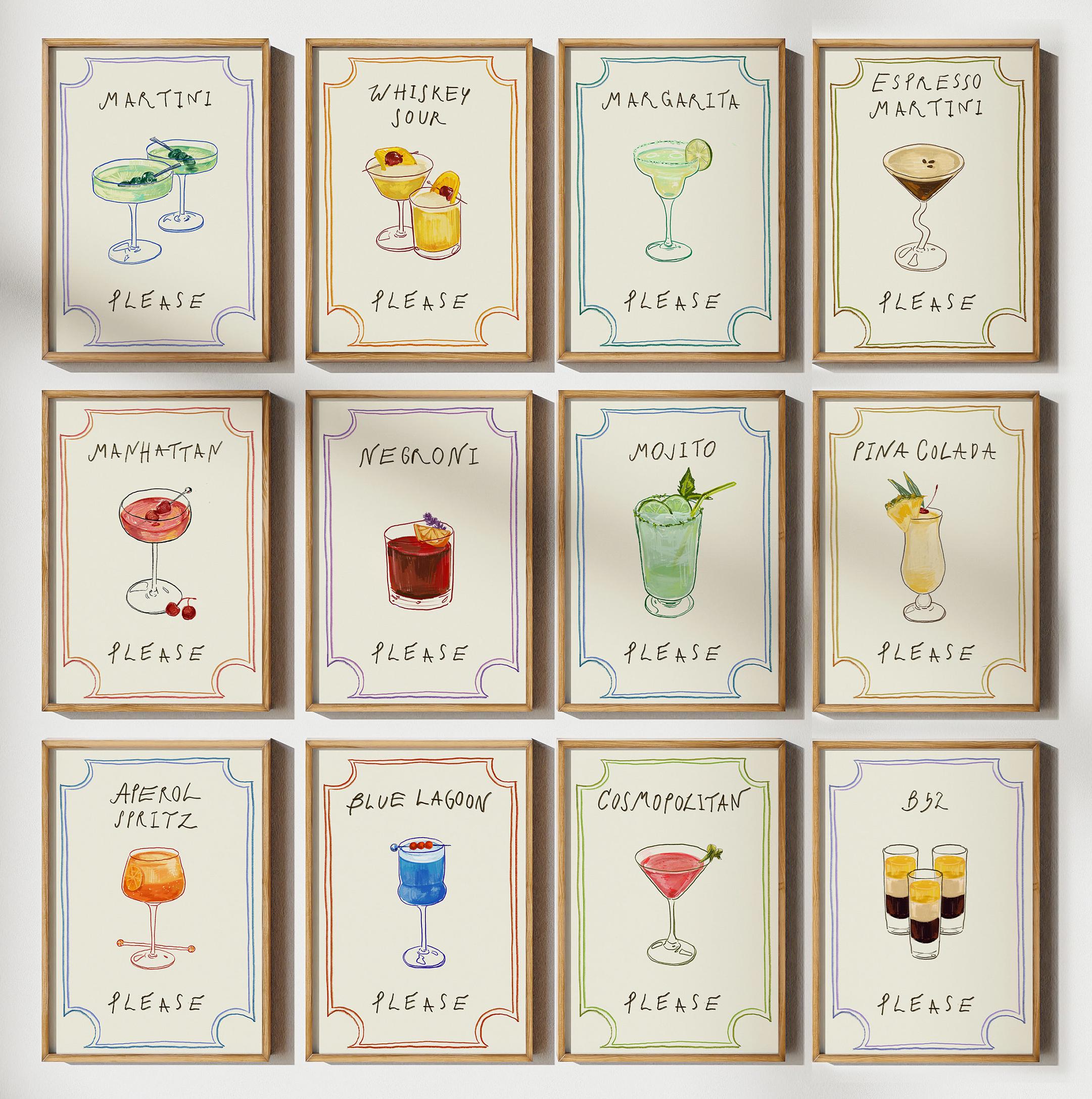 Gallery Wall Set of 12 Hand Drawn Cocktail, Cocktail Wall Art ...