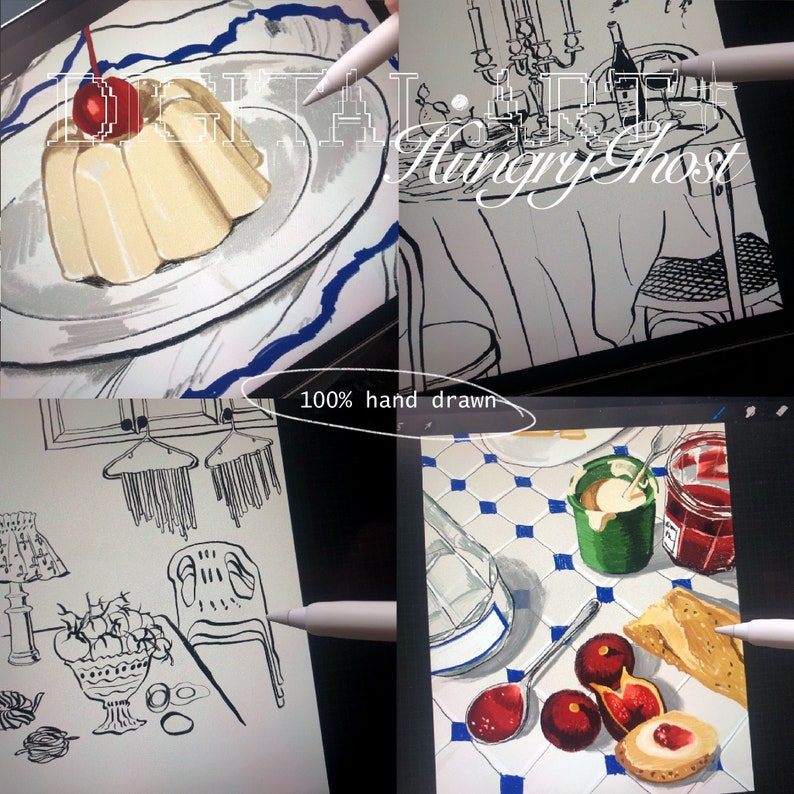 Large Size Blue Dinner Poster, Hand Drawn Dining Illustration, Digital ...