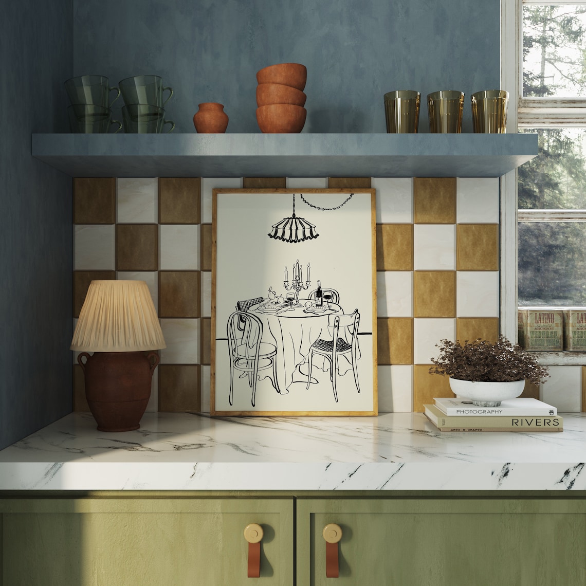 Large Size Hand Drawn Dinner Table Illustration, Digital Wall Art ...