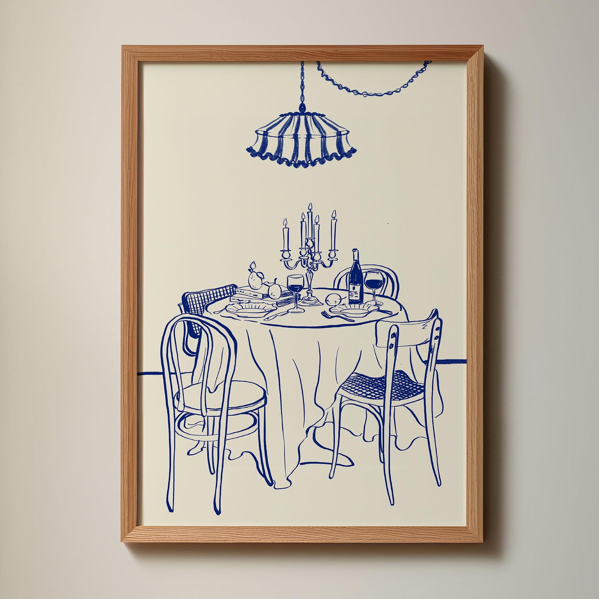 Large Size Hand Drawn Dinner Table Illustration, Digital Wall Art ...