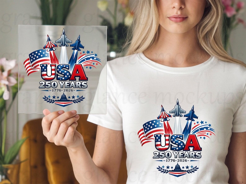 USA 250 Years Patriotic Fighter Jet DTF Transfer – American Flag Design ...