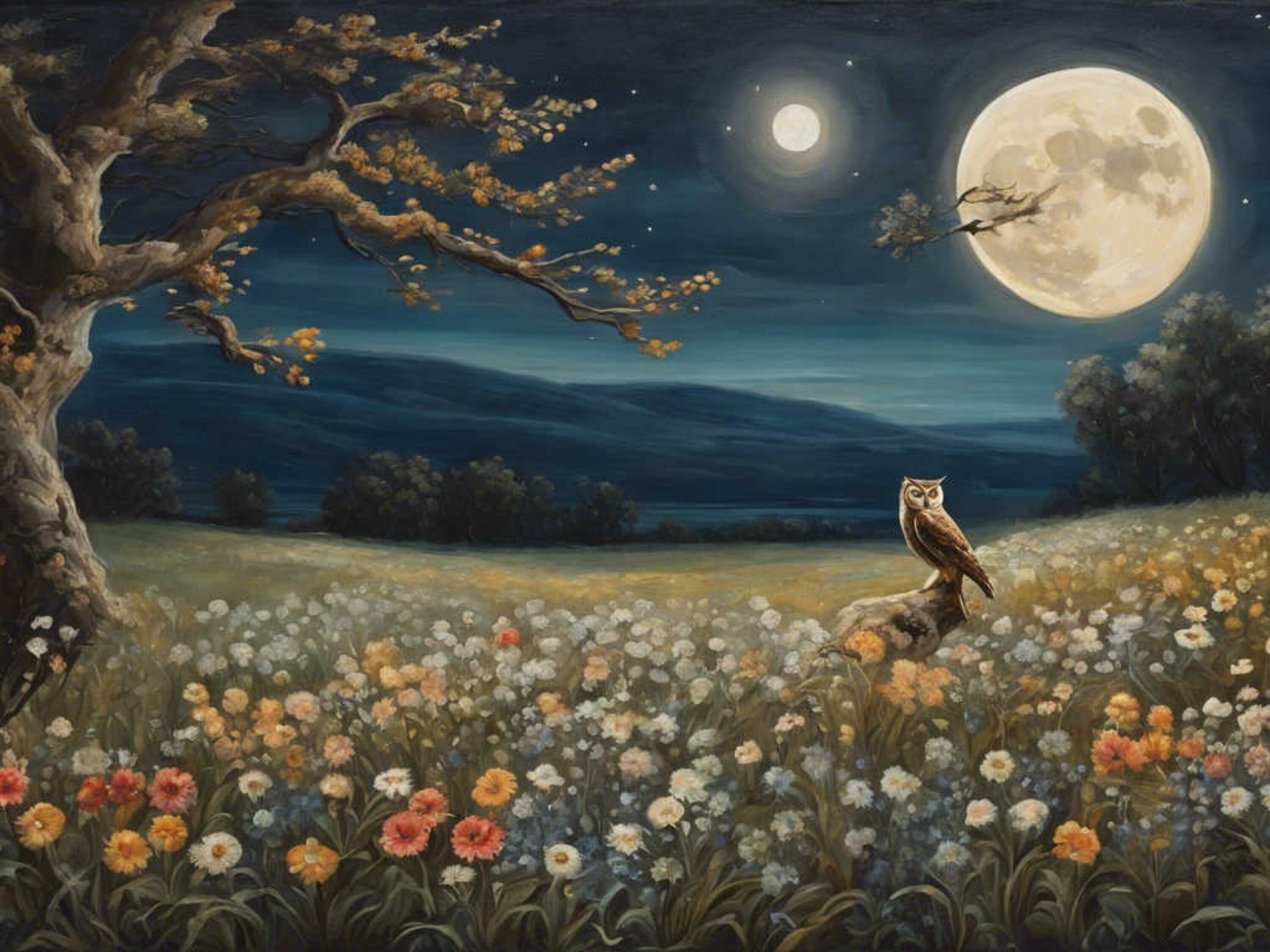 Vintage Home Decor | Owl Picture With Moon and Field Scenery Oil Painting Style Printable ...