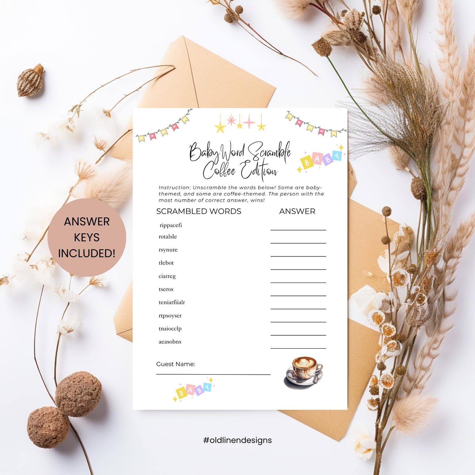 Coffee Themed Baby Shower Games, Editable Printable Bundle, Minimalist ...