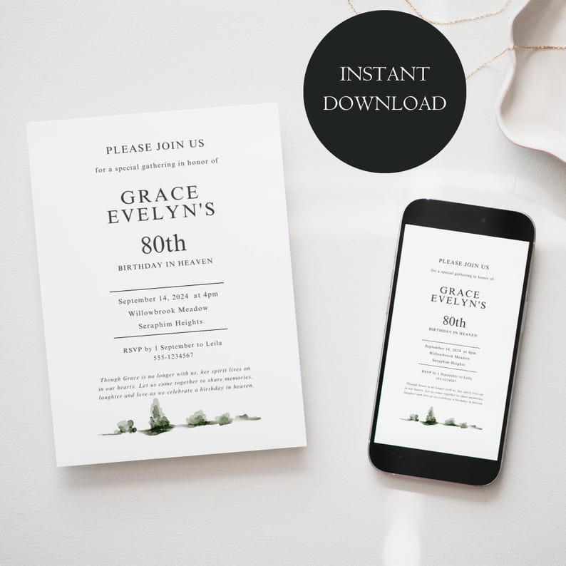 Birthday in Heaven Invitation, Minimalist Celebration of Life E-invite ...