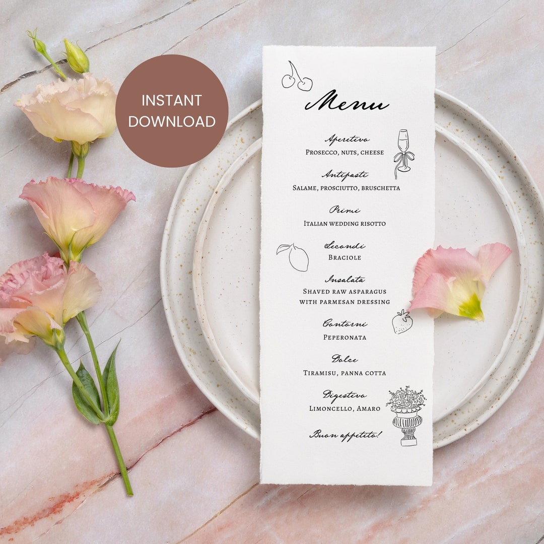 Handdrawn Italian Wedding Menu Template, Italian Course Menu, Elegant ...