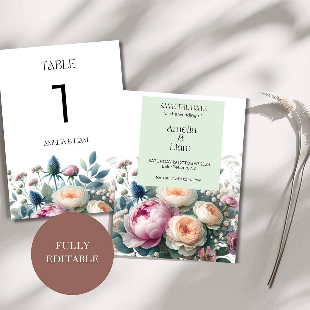 Classic Pink Peonies Wedding Invitation Template Bundle, Save the Date, RSVP Enclosure ...