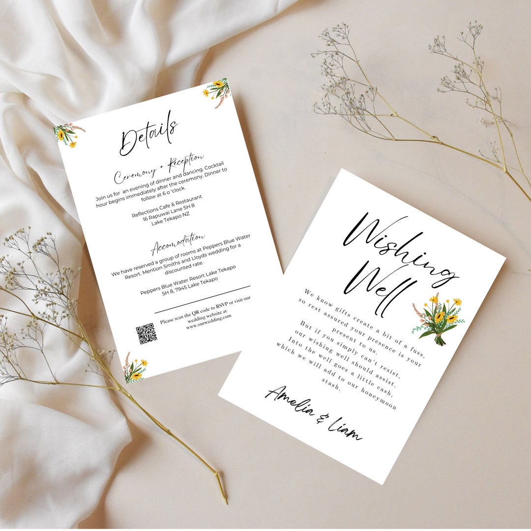 Boho Wedding Details Card, Instant Download, Wishing Well Card, Floral ...