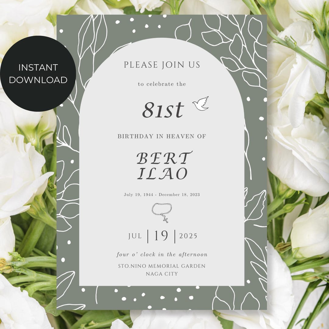 Birthday in Heaven Invitation White Line Art, Celebration of Life E ...
