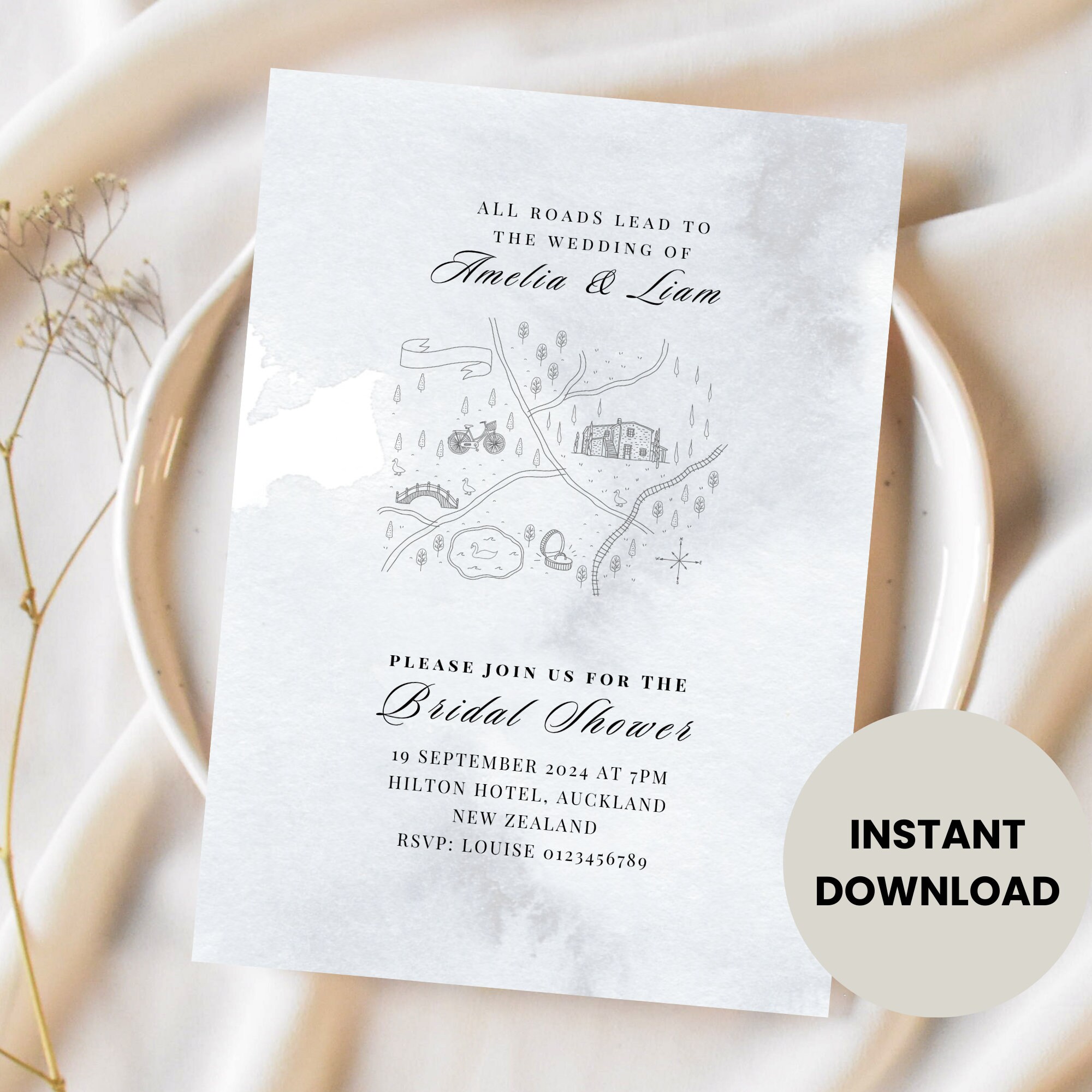 Hand Drawn Wedding Map Bridal Shower Invitation, All Roads Lead To, 3 ...