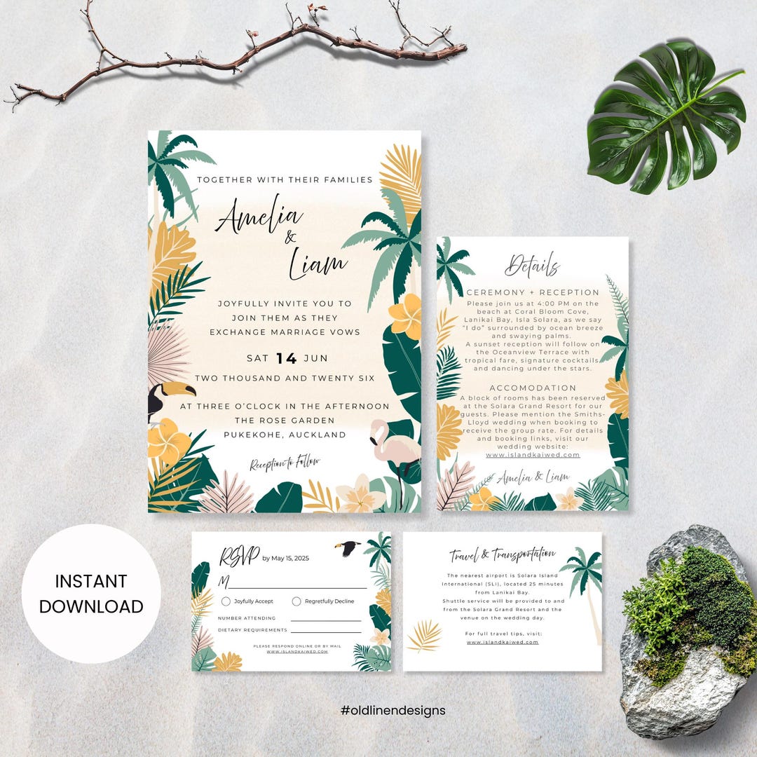 Tropical Paradise Wedding Invitation Suite, Editable Beach Wedding ...