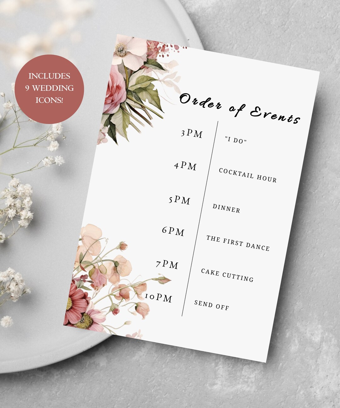 Wedding Timeline Card With Icons | Editable Order of Events Card | Church Wedding | Wedding ...